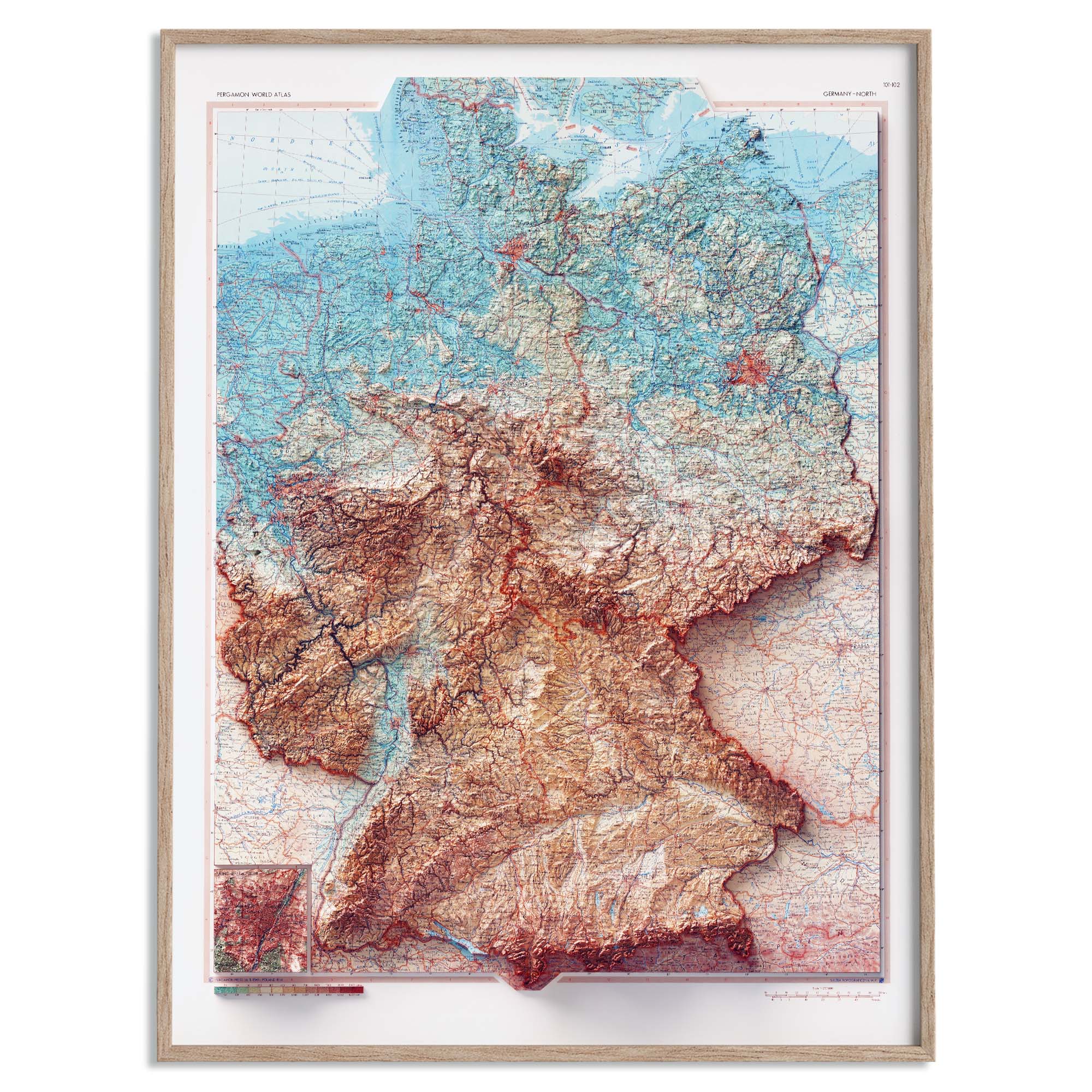 Germany, Topographic map - 1968, 2D fine art printed shaded relief map – VizCart