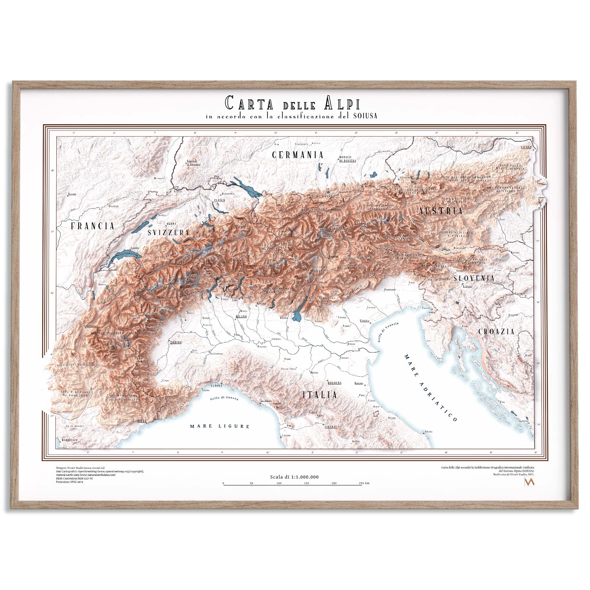 Alps, Topographic map - 2025, 2D fine art printed shaded relief map ...