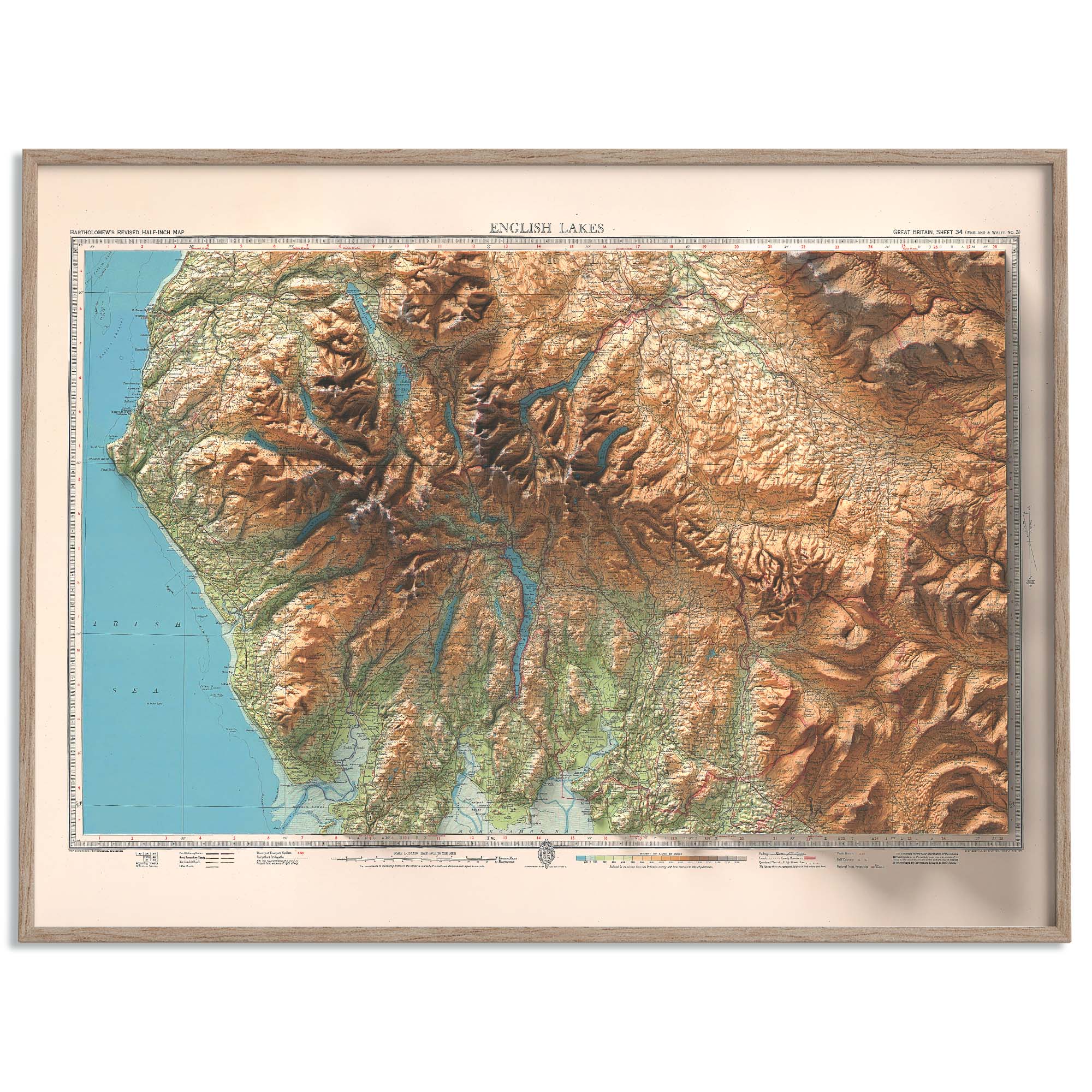 English Lakes (UK), Topographic map - 1941, 2D fine art printed shaded ...