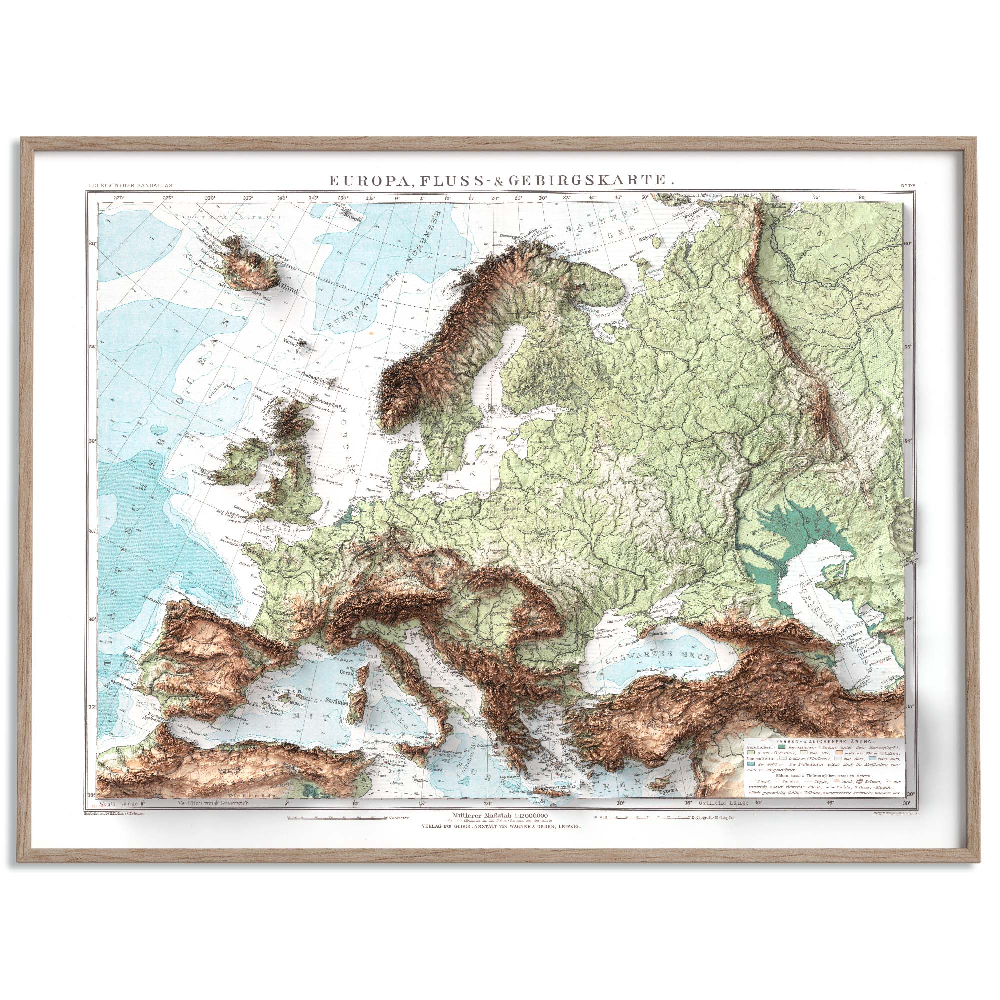 Europe, Topographic map - 1899, 2D fine art printed shaded relief map ...