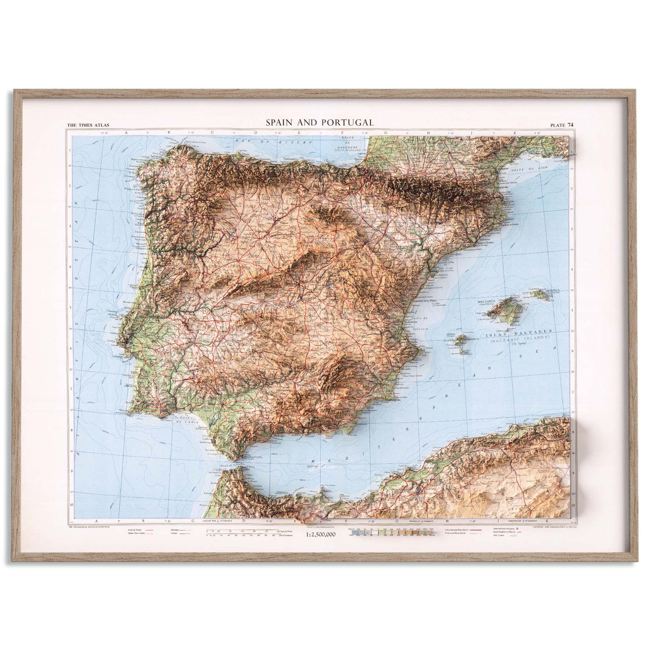 Iberian Peninsula, Topographic map - 1956, 2D fine art printed shaded ...