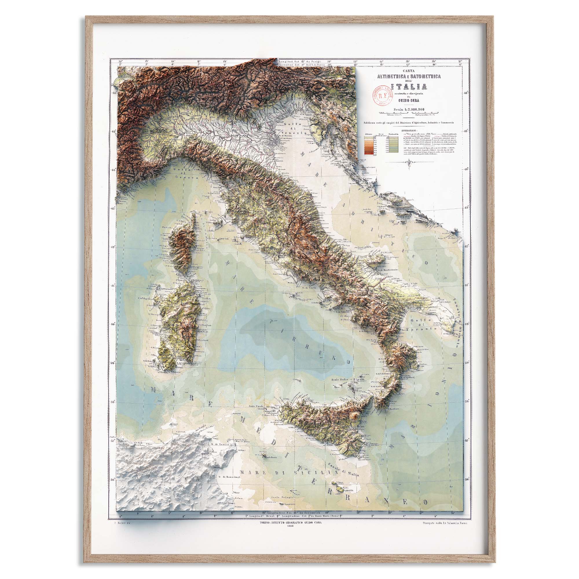Italy, Topographic map - 1888, 2D fine art printed shaded relief map ...