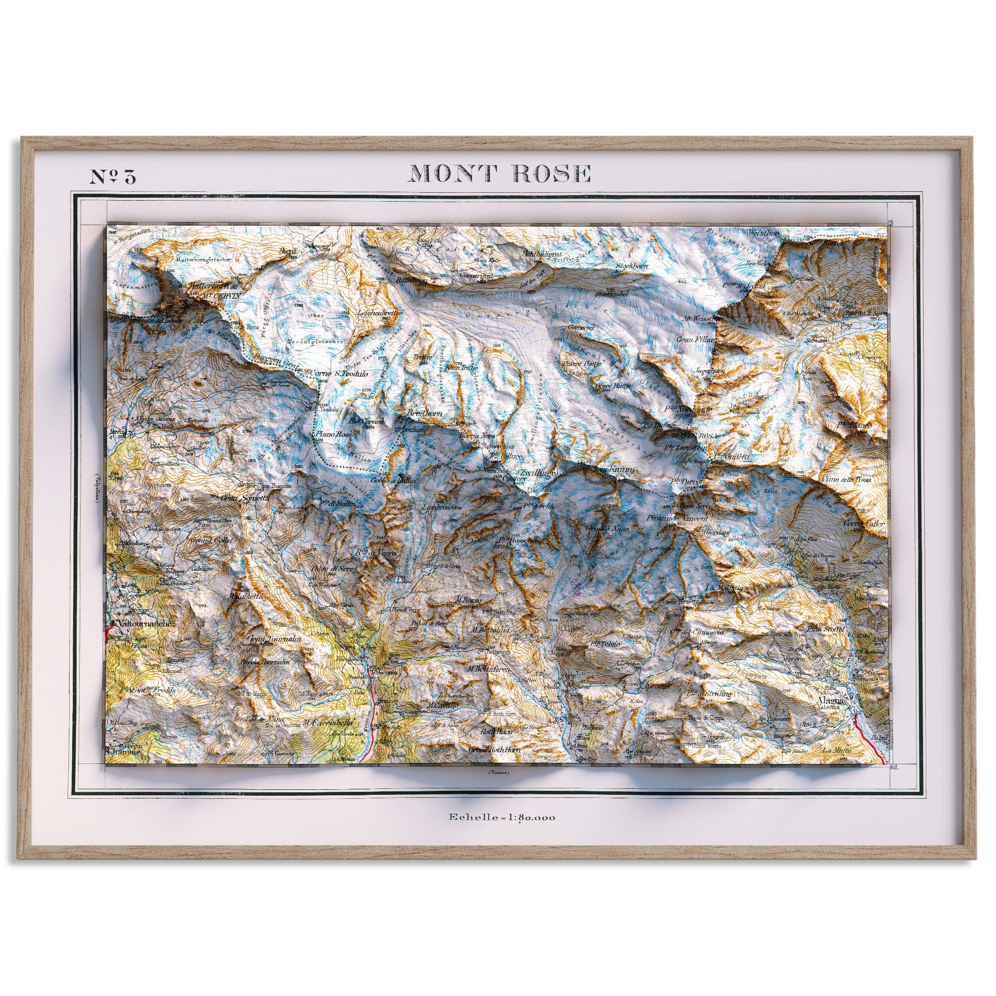 Mt Rosa (Italy), Topographic map - 1899, 2D fine art printed shaded ...