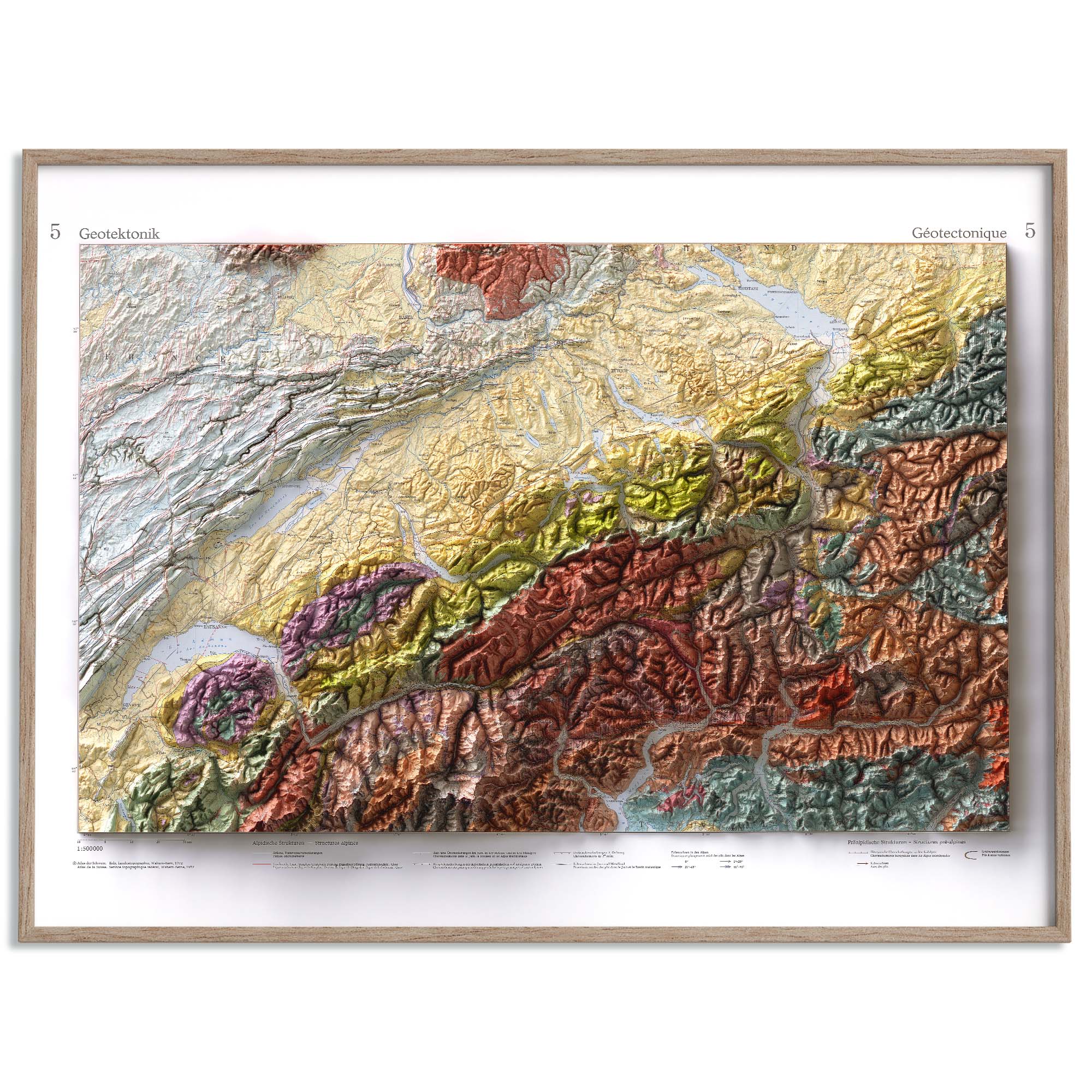 Switzerland, Geological map - 1972, 2D fine art printed shaded relief ...