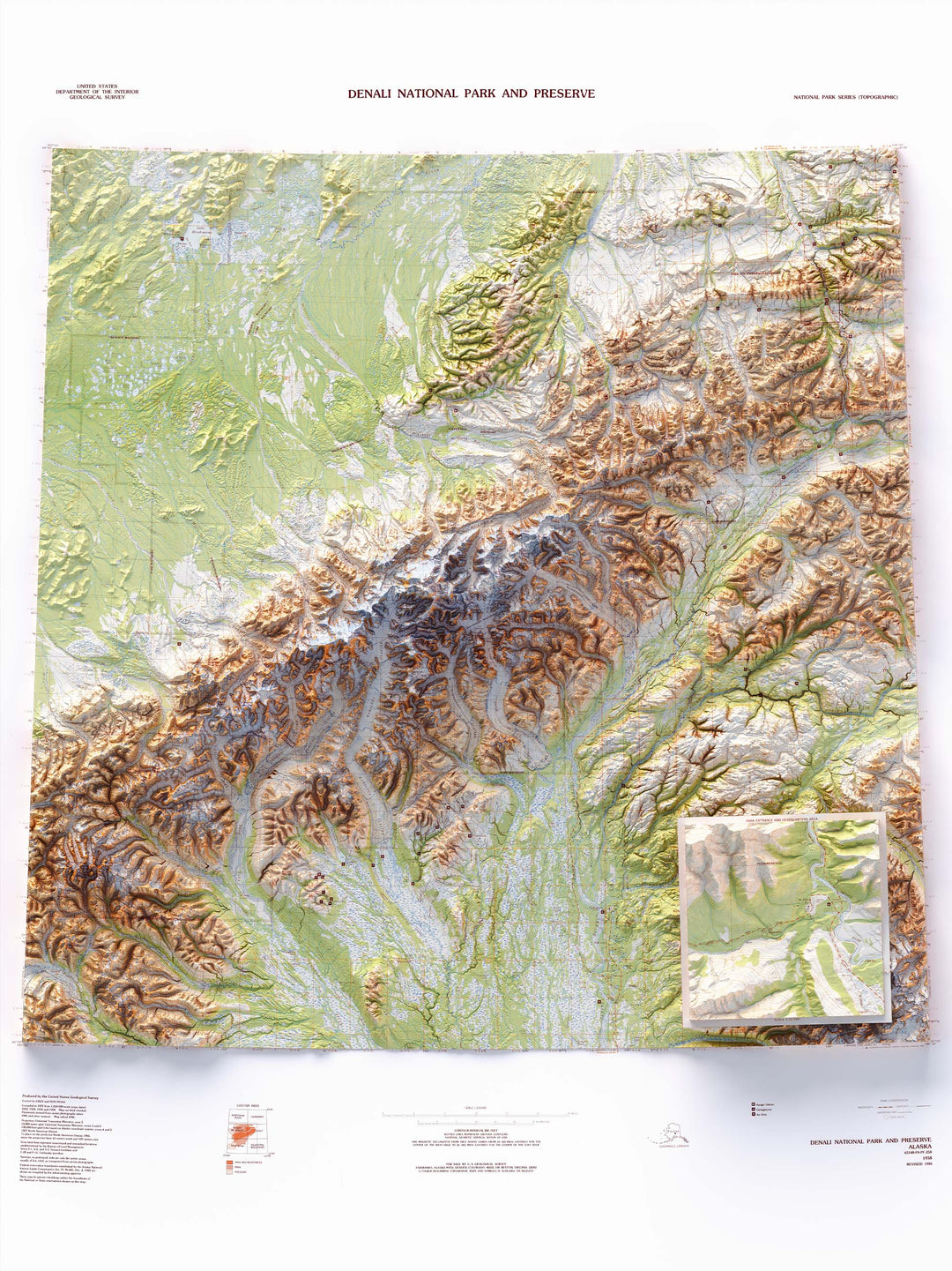 Denali National Park (USA), Topographic map - 1986, 2D fine art printed ...