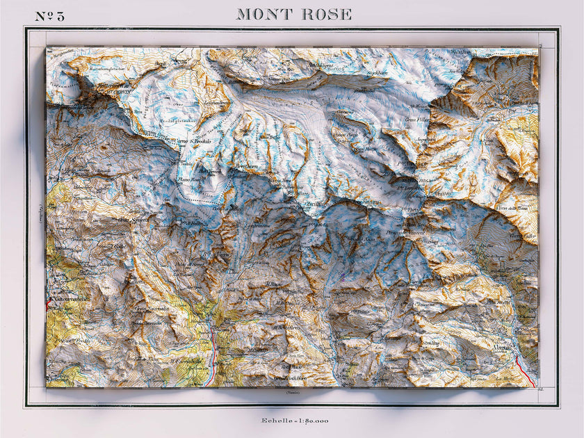 Mt Rosa (Italy), Topographic map - 1899, 2D fine art printed shaded ...