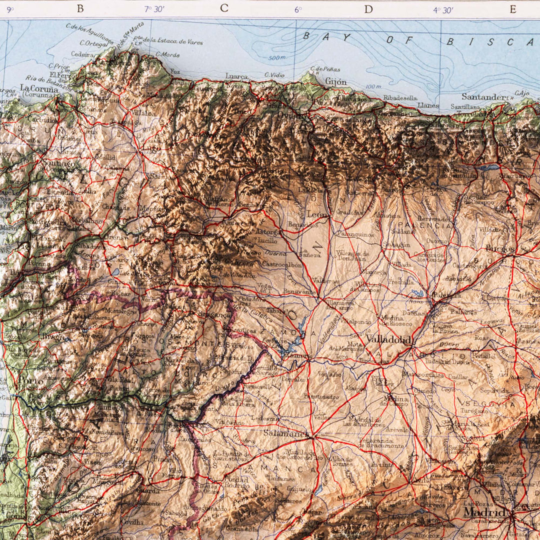 Iberian Peninsula, Topographic map - 1956, 2D fine art printed shaded ...