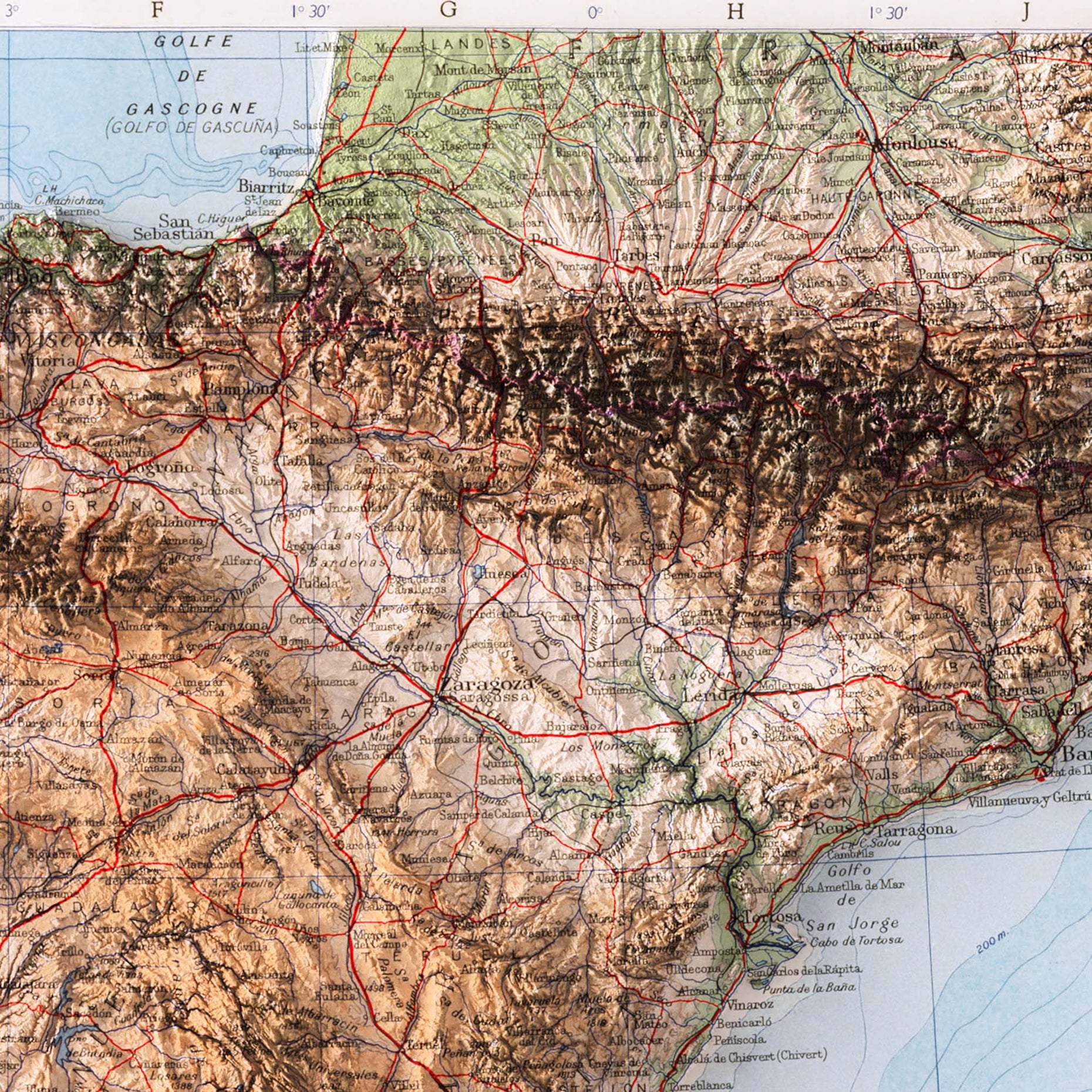 Iberian Peninsula, Topographic map - 1956, 2D fine art printed shaded ...