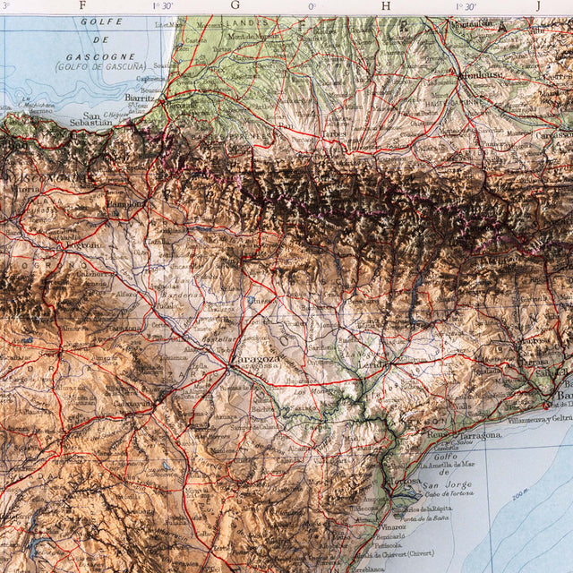 Iberian Peninsula, Topographic map - 1956, 2D fine art printed shaded ...