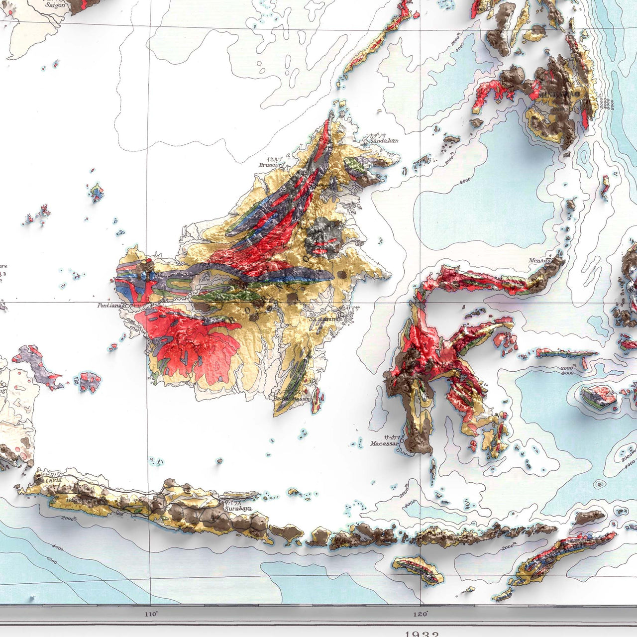 Eastern Asia, Geological map - 1932, 2D fine art printed shaded relief ...