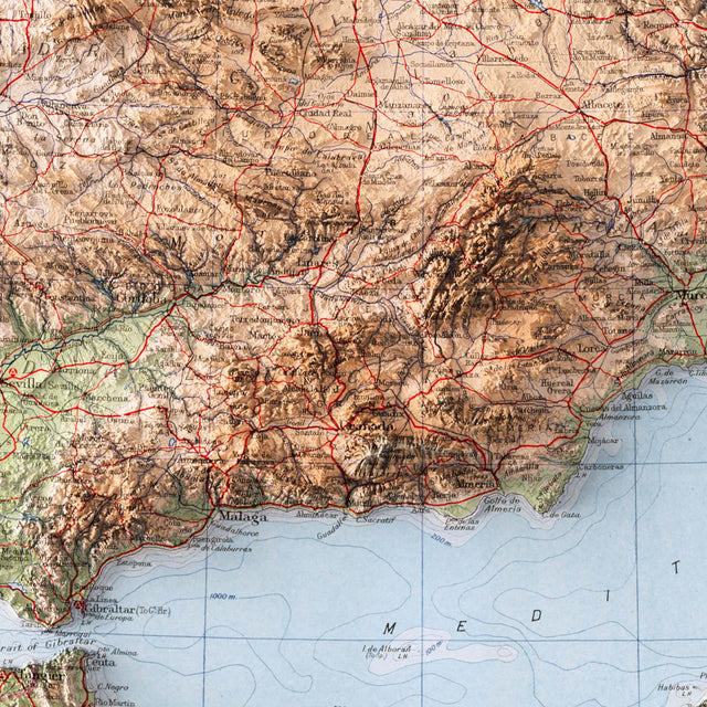 Iberian Peninsula, Topographic map - 1956, 2D fine art printed shaded ...