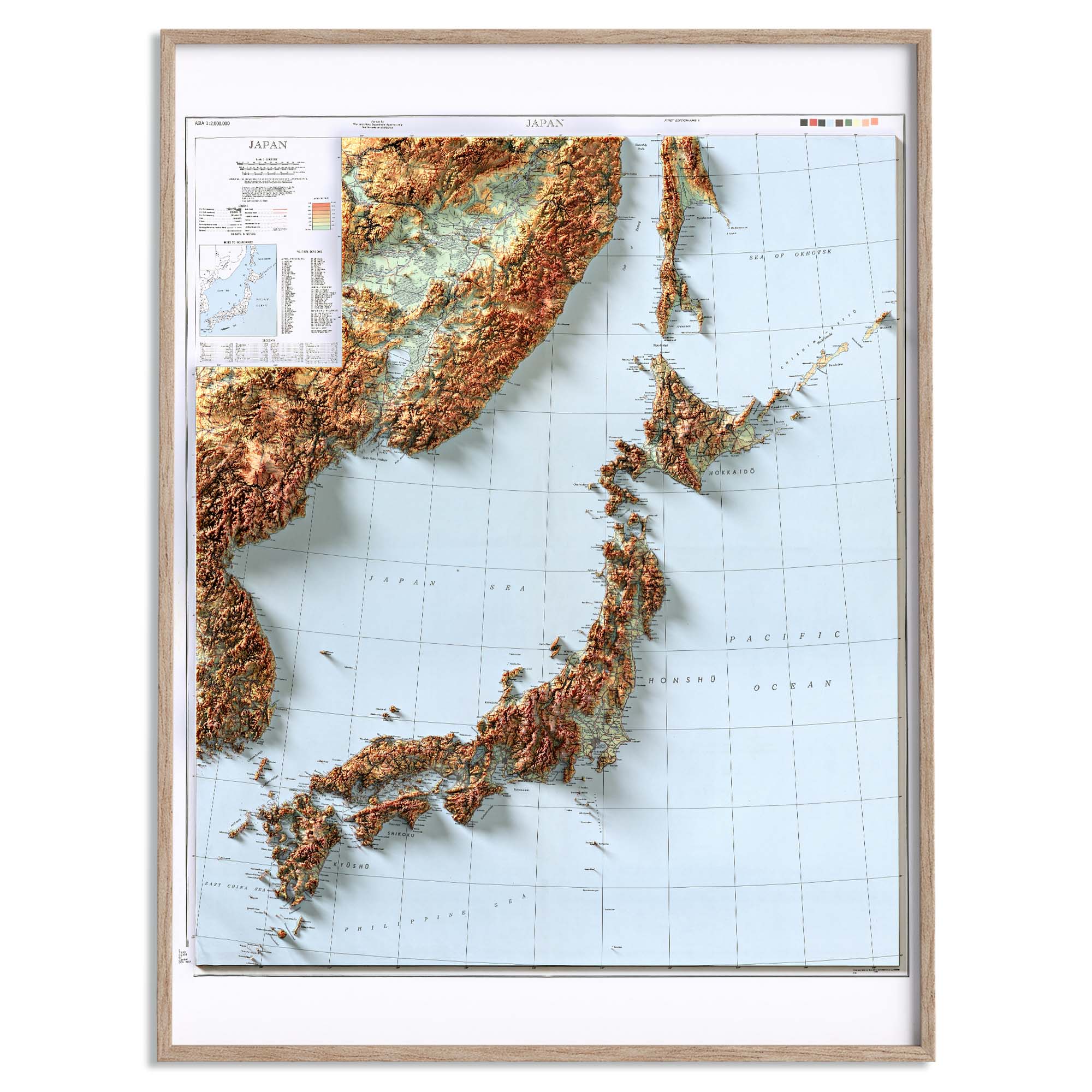 Japan, Topographic map - 1945, 2D fine art printed shaded relief map ...