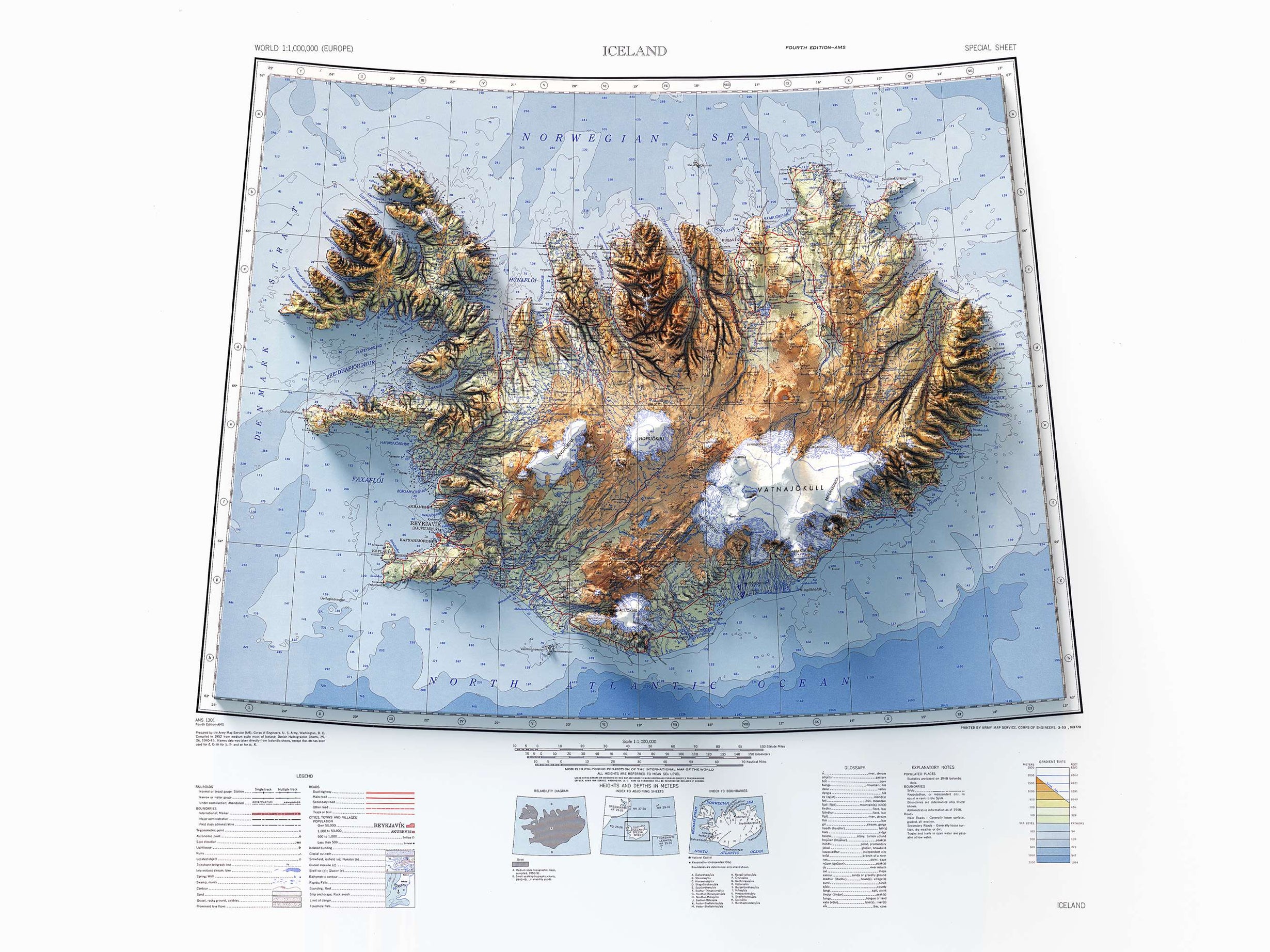 Iceland, Topographic map - 1952, 2D fine art printed shaded relief map ...