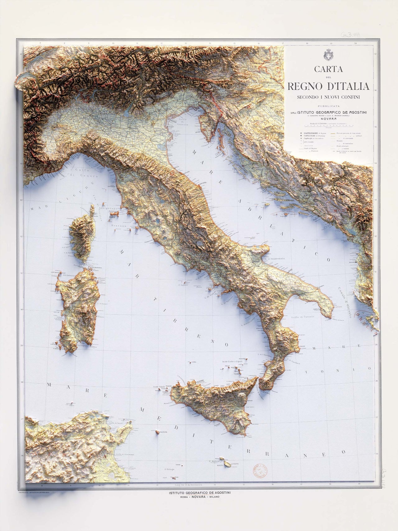 Italy, Topographic map - 1922, 2D fine art printed shaded relief map ...