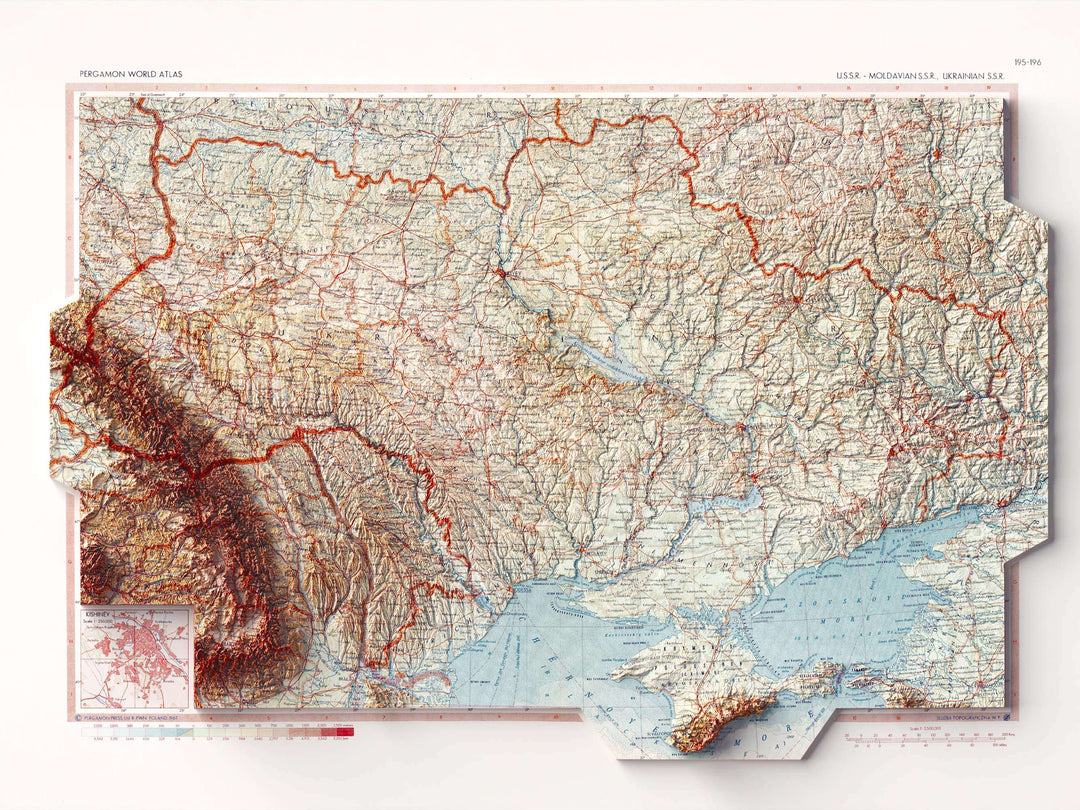 Ukraine, Topographic map - 1967, 2D fine art printed shaded relief map ...