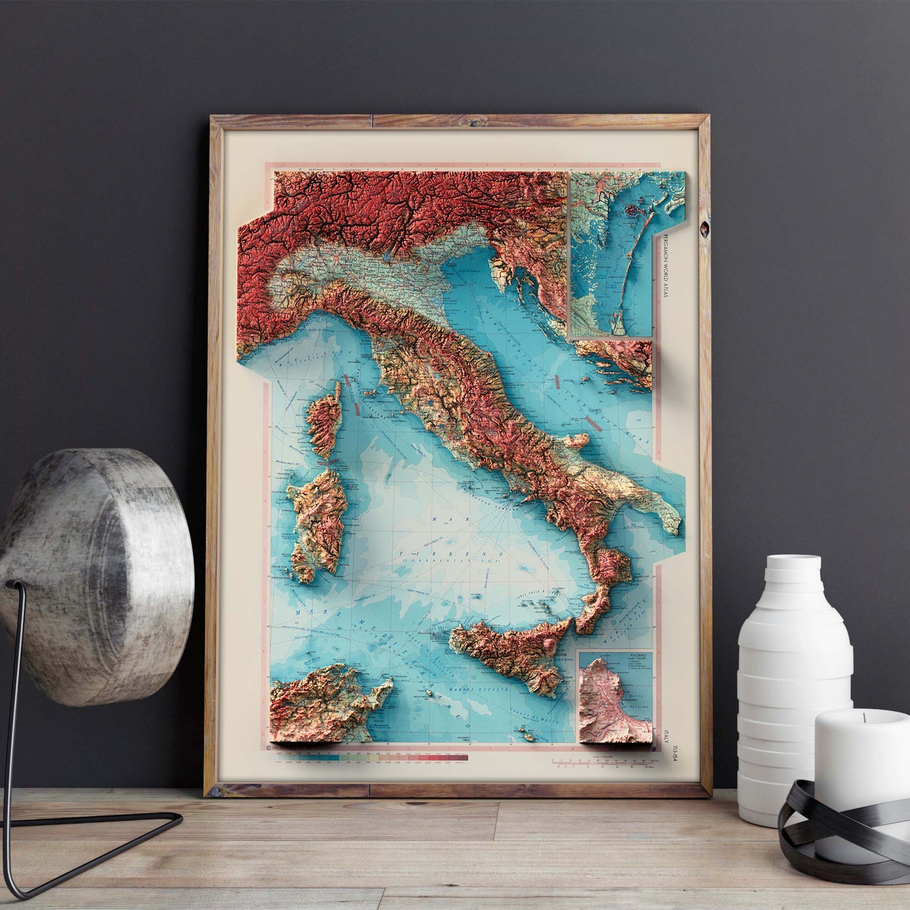 Italy, Topographic map - 1967, 2D fine art printed shaded relief map ...