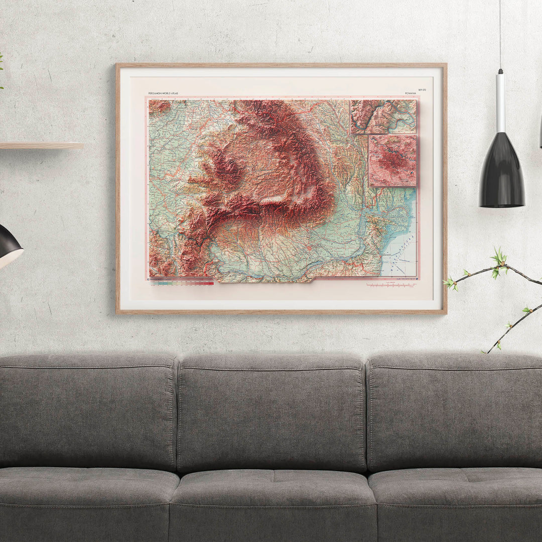 Romania, Topographic map - 1963, 2D fine art printed shaded relief map ...