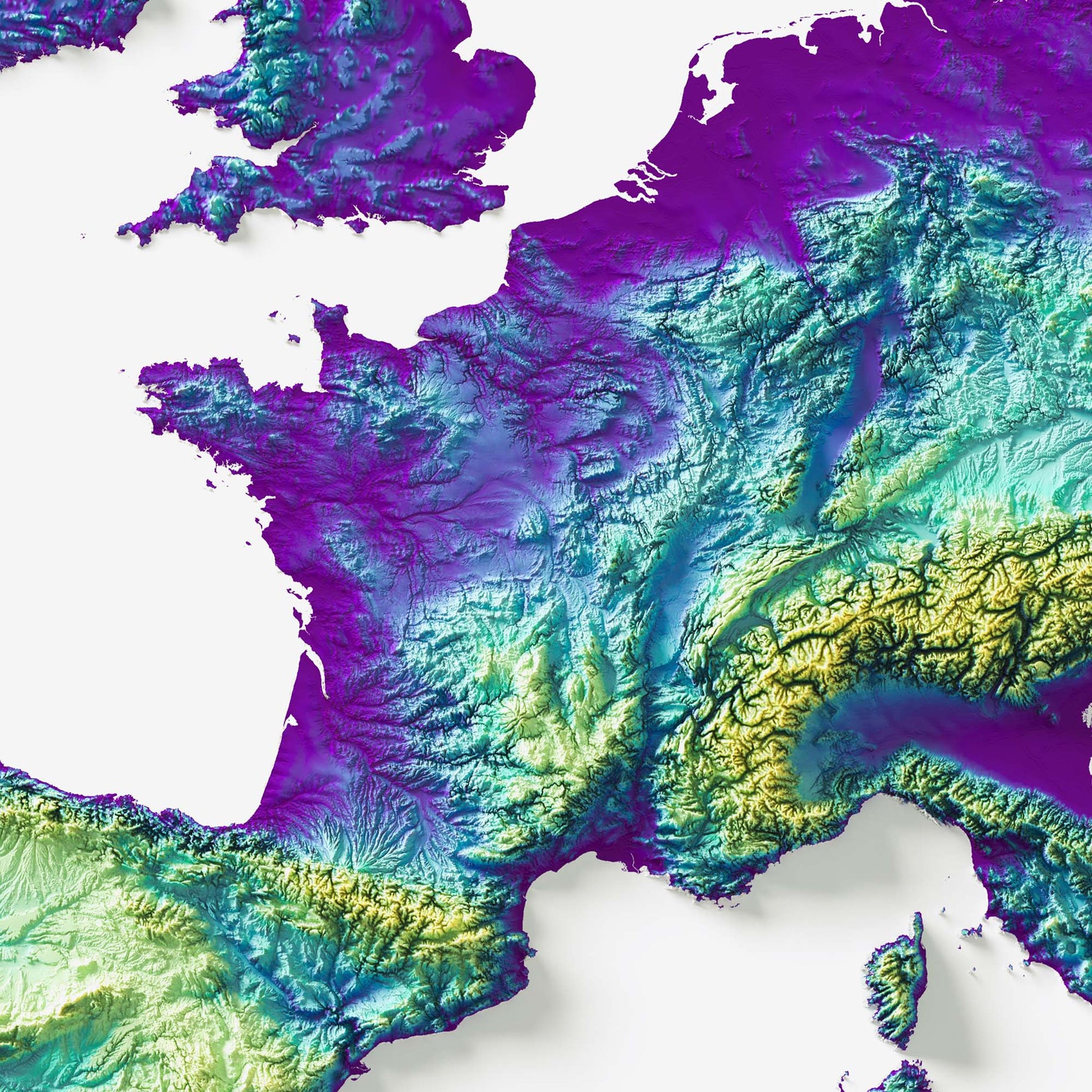 Europe, Elevation tint - Viridis, 2D fine art printed shaded relief map ...