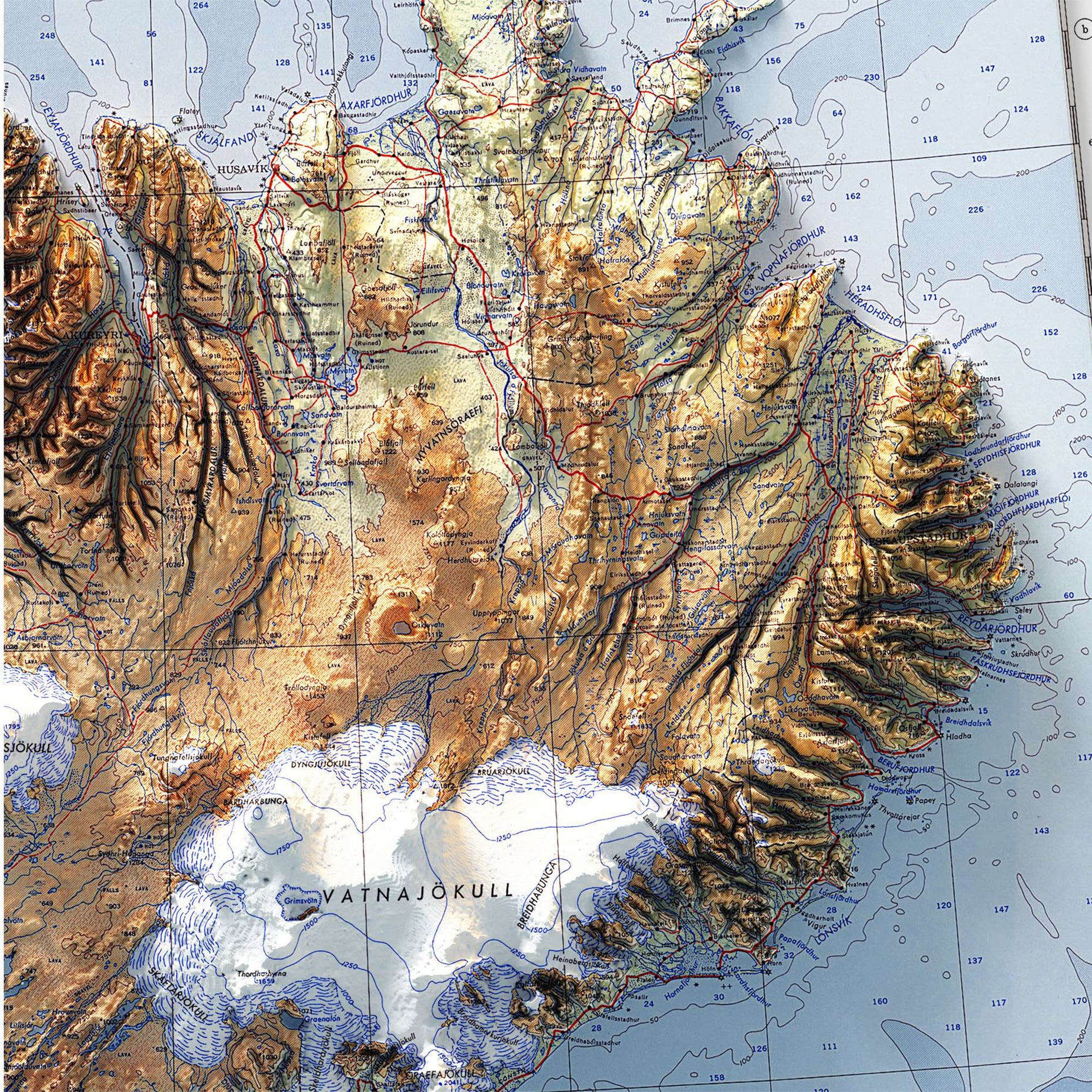 Iceland, Topographic map - 1952, 2D fine art printed shaded relief map ...