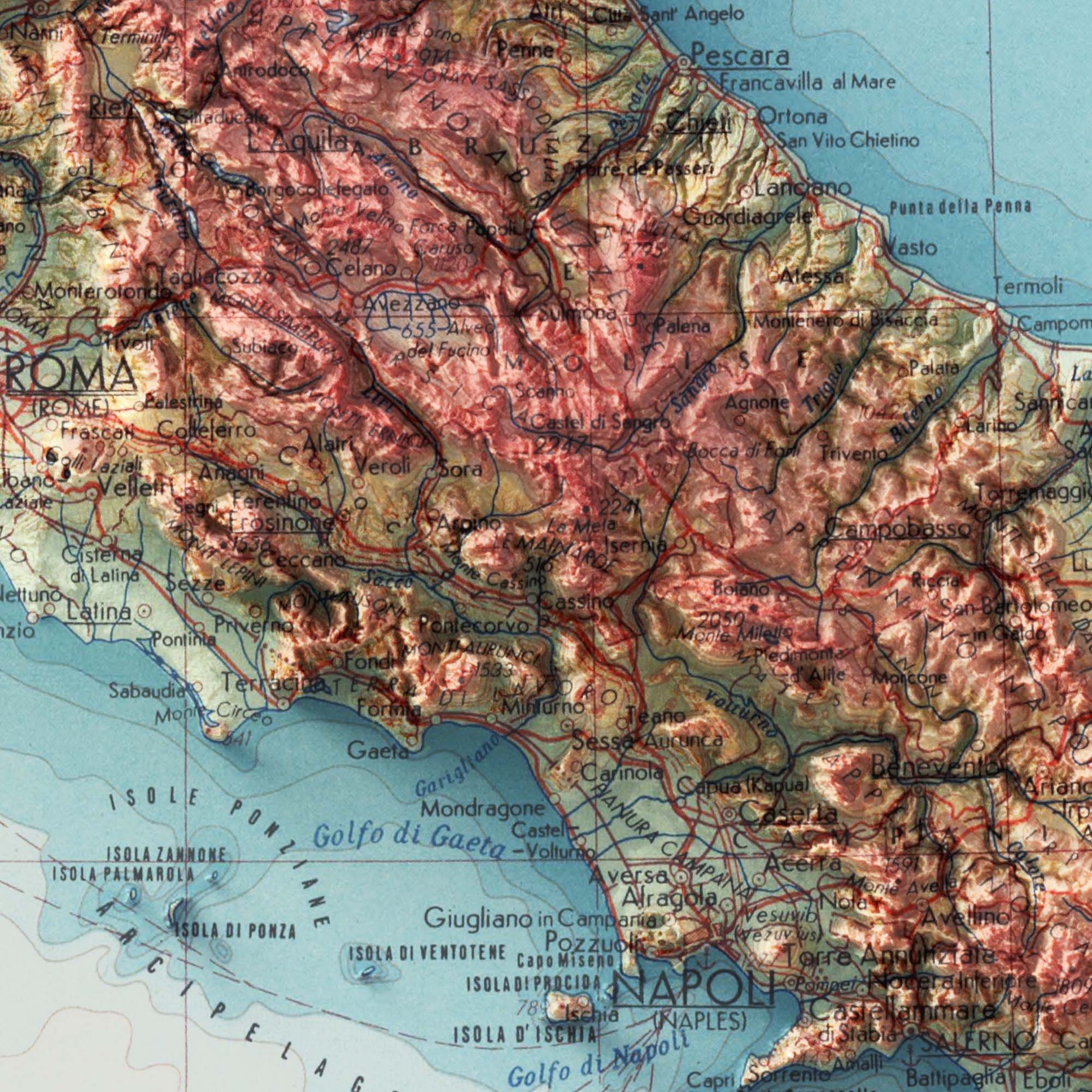 Italy, Topographic map - 1967, 2D fine art printed shaded relief map ...