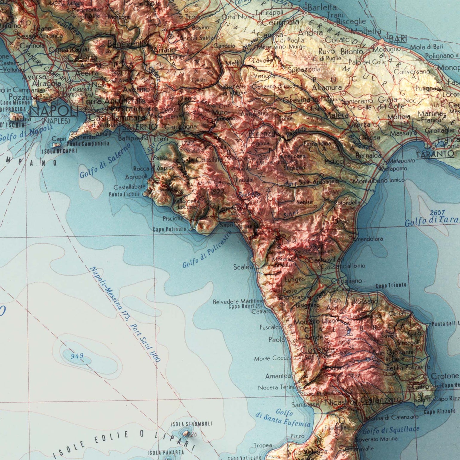 Italy, Topographic map - 1967, 2D fine art printed shaded relief map ...